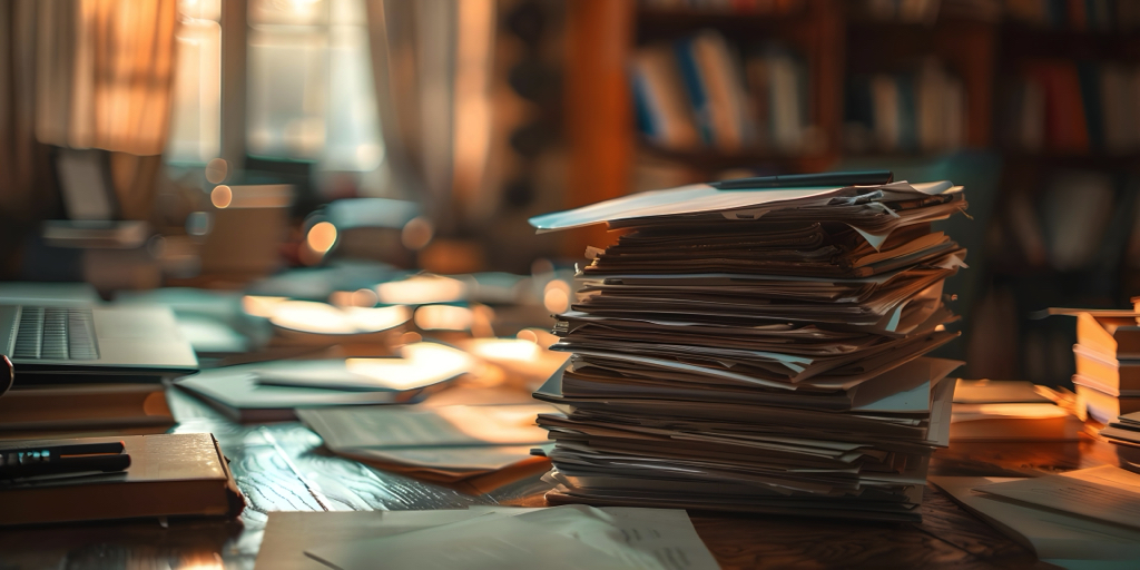 Focused on a cluttered desk with a blurred background of paper piles ...
