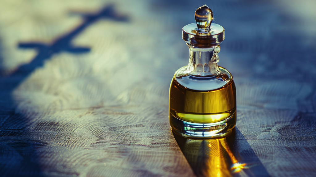 a small vial of anointing oil next to a delicate cross, symbolizing a ...